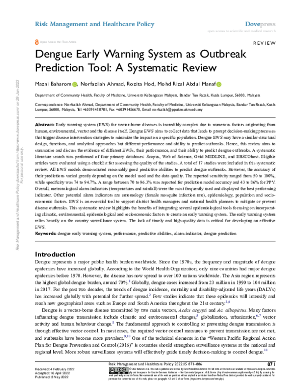 Pdf Dengue Early Warning System As Outbreak Prediction Tool A