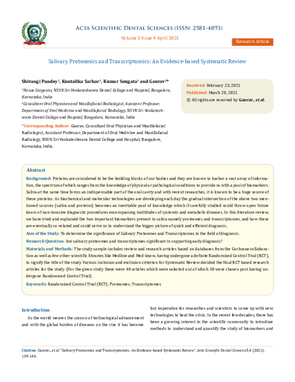 (PDF) Salivary Proteomics and Transcriptomics: An Evidence-based ...