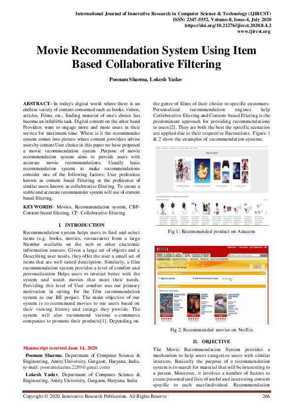 Pdf Movie Recommendation System Using Item Based Collaborative Filtering Lokesh Yadav