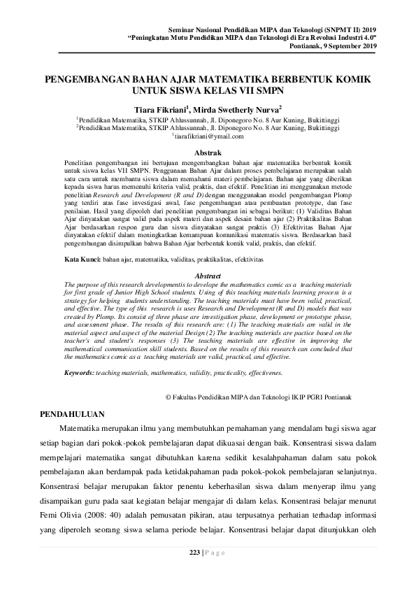 (PDF) Pengembangan Bahan Ajar Matematika Berbentuk Komik Untuk Siswa Kelas VII SMPN | Tiara ...