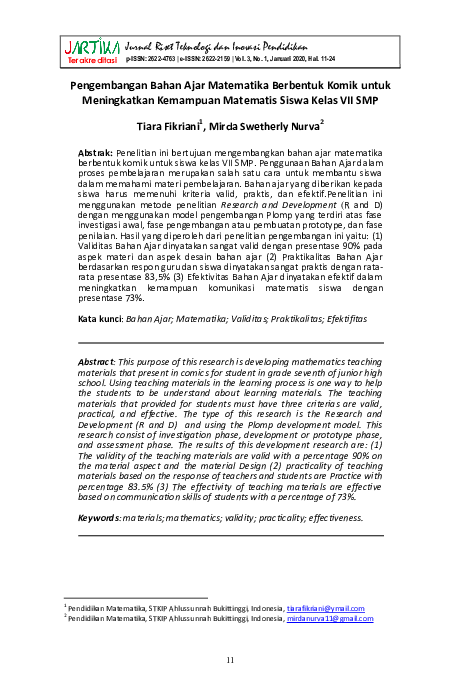 (PDF) Pengembangan Bahan Ajar Matematika Berbentuk Komik untuk Meningkatkan Kemampuan Matematis ...