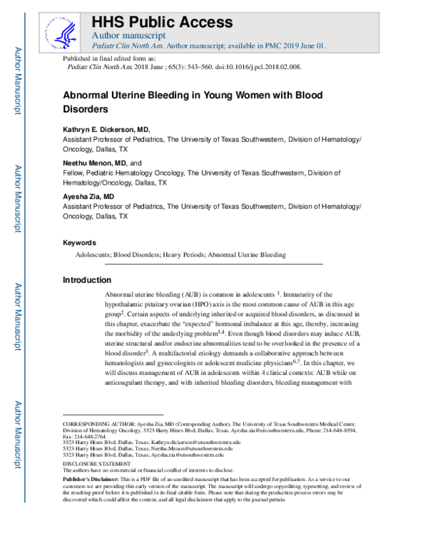 (PDF) Abnormal Uterine Bleeding in Young Women with Blood Disorders