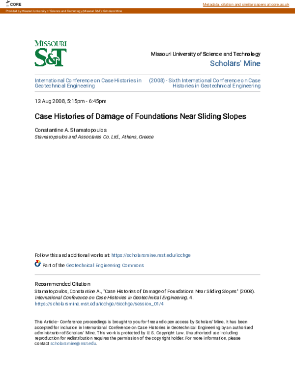 (PDF) Case Histories of Damage of Foundations Near Sliding Slopes