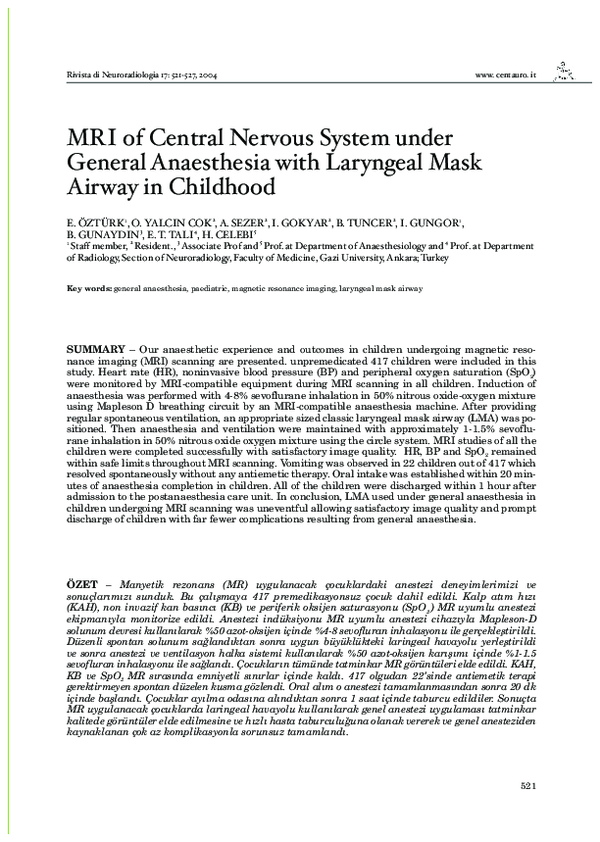 (PDF) MRI of Central Nervous System under General Anaesthesia with ...