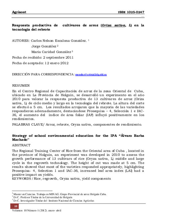 (PDF) Respuesta productiva de cultivares de arroz (Oriza sativa L.) en ...