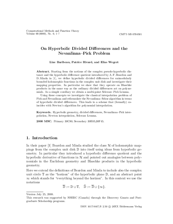 (PDF) On Hyperbolic Divided Differences and the Nevanlinna-Pick Problem | Elias Wegert ...