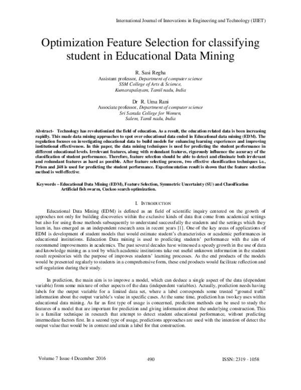 (PDF) Optimization Feature Selection for classifying student in Educational Data Mining
