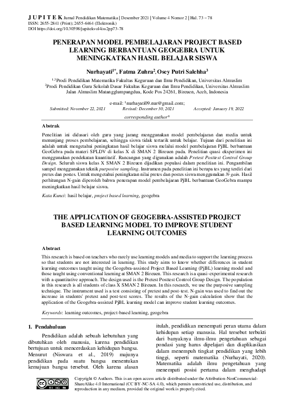 (PDF) Penerapan Model Pembelajaran Project Based Learning Berbantuan Geogebra Untuk Meningkatkan ...