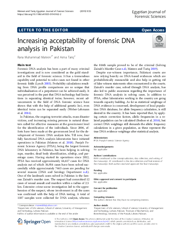(PDF) Increasing acceptability of forensic DNA analysis in Pakistan