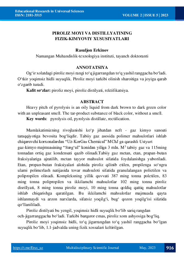 (PDF) Piroliz Moyi Va Distillyatining Fizik-Kimyoviy Xususiyatlari