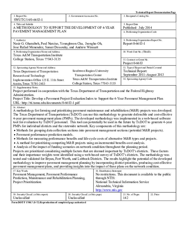 (PDF) Pavement Management Plan Development Methodology