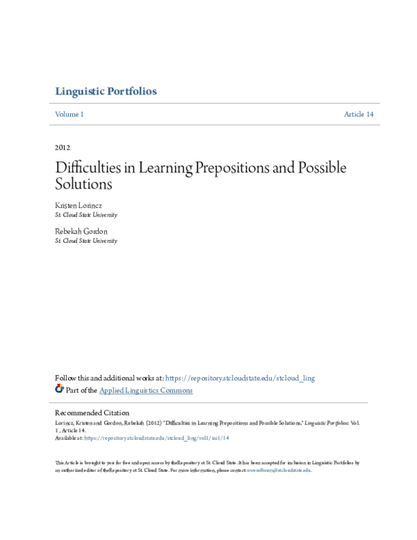 (PDF) Difficulties in Learning Prepositions and Possible Solutions