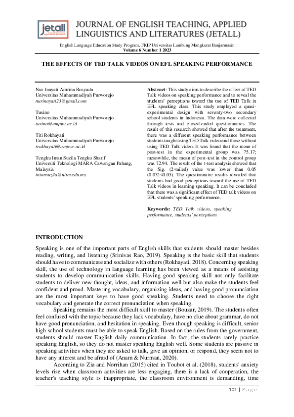 (PDF) The Effects of Ted Talk Videos on Efl Speaking Performance