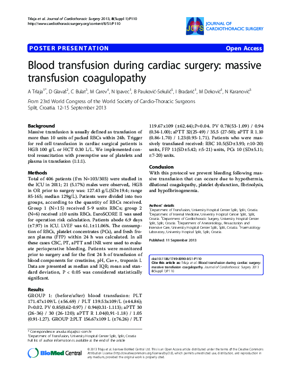 (PDF) Blood transfusion during cardiac surgery: massive transfusion ...