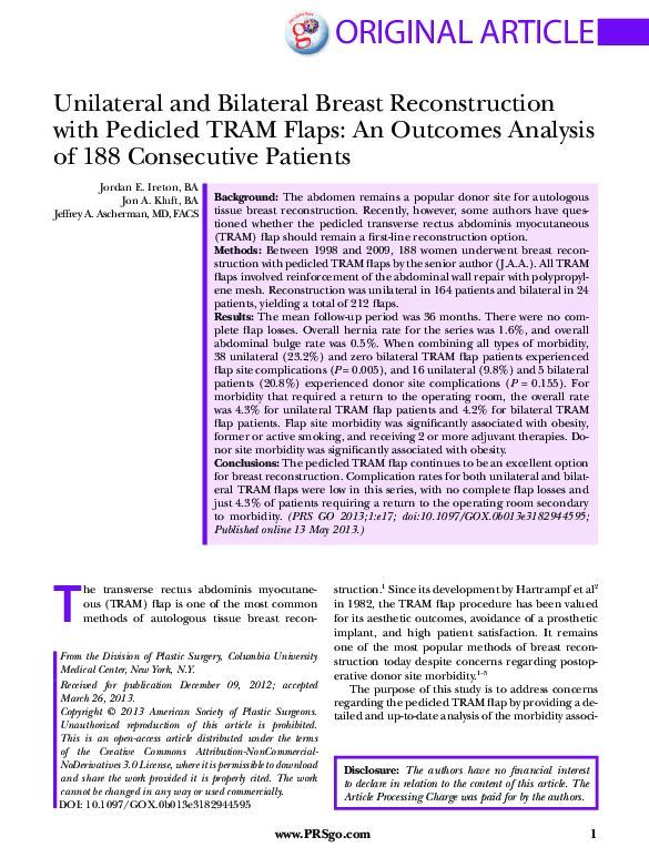 (PDF) Unilateral and Bilateral Breast Reconstruction with Pedicled TRAM ...