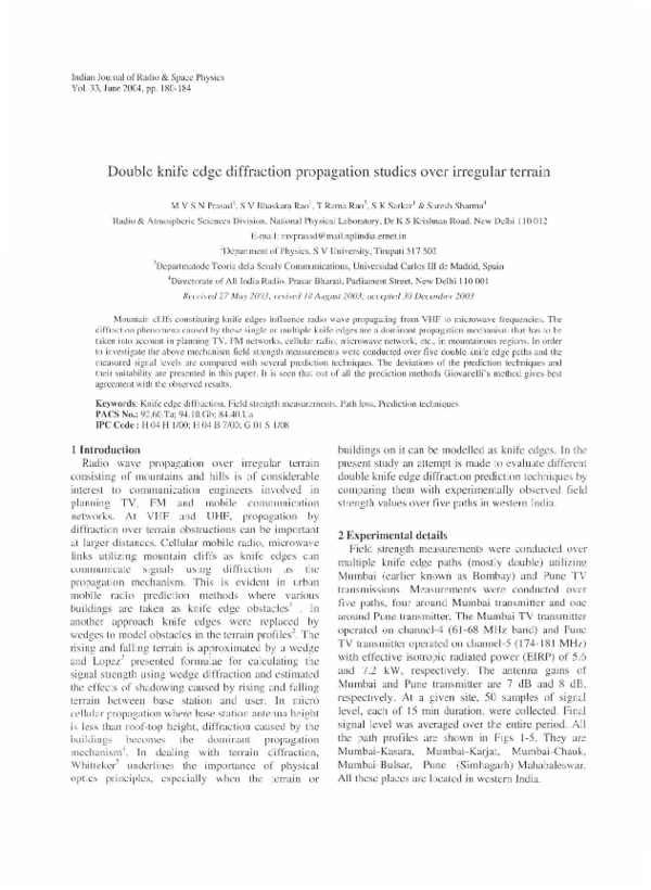(PDF) Double knife edge diffraction propagation studies over irregular terrain