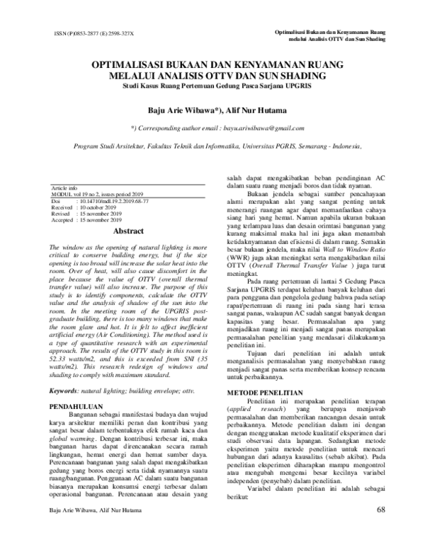 (PDF) Optimalisasi Bukaan Dan Kenyamanan Ruang Melalui Analisis Ottv Dan Sun Shading | ALIF ...