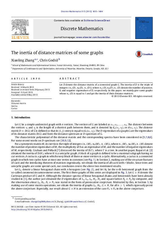 (PDF) The inertia of distance matrices of some graphs