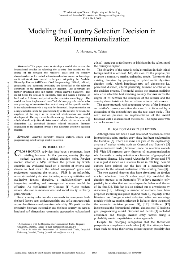 (PDF) Modeling The Country Selection Decision In Retail ...