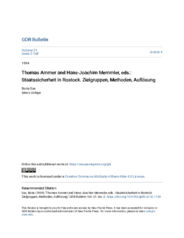 (PDF) Thomas Ammer and Hans-Joachim Memmler, eds.: Staatssicherheit in ...