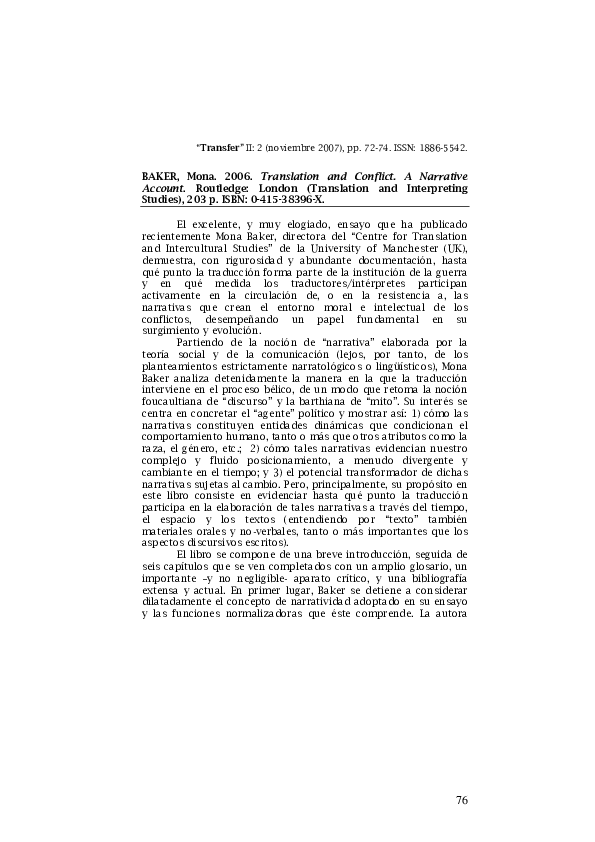 (PDF) BAKER, Mona. 2006. Translation and Conflict. A Narrative Account