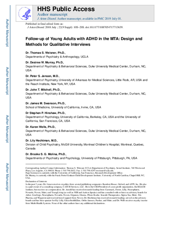 (PDF) Follow-Up of Young Adults With ADHD in the MTA: Design and ...