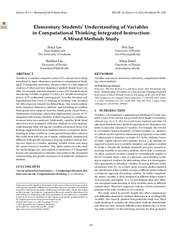 (PDF) Elementary Students' Understanding of Variables in Computational Thinking-Integrated ...