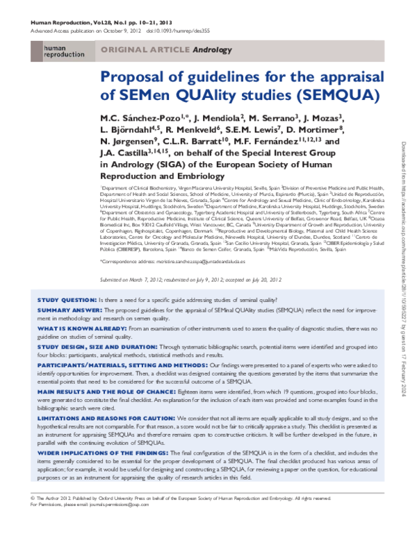 (PDF) Proposal of guidelines for the appraisal of SEMen QUAlity studies (SEMQUA)