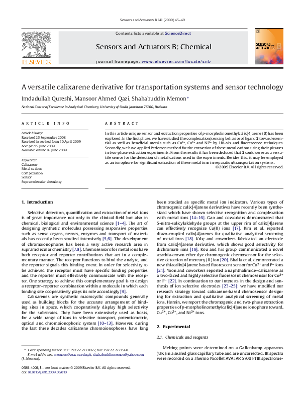 (PDF) A versatile calixarene derivative for transportation systems and ...