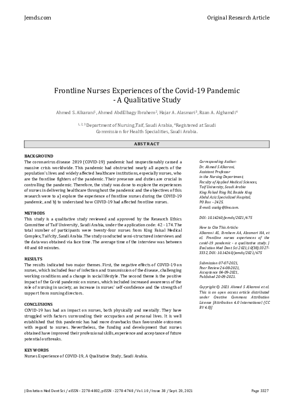 (PDF) Frontline Nurses Experiences of the Covid-19 Pandemic - A ...