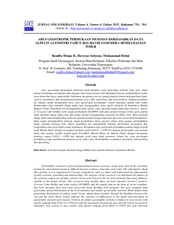 (PDF) Arus Geostropik Permukaan Musiman Berdasarkan Data Satelit ...