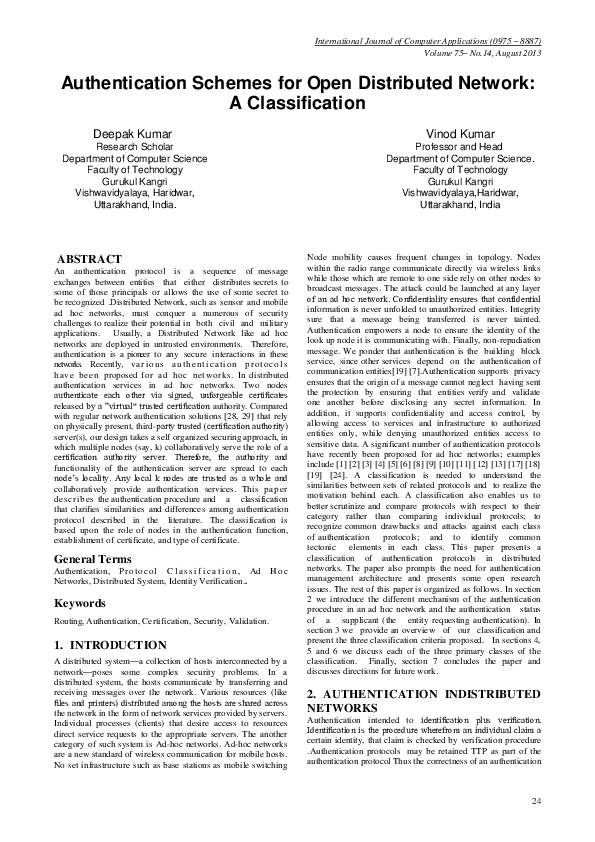 (PDF) Authentication Schemes for Open Distributed Network: A Classification
