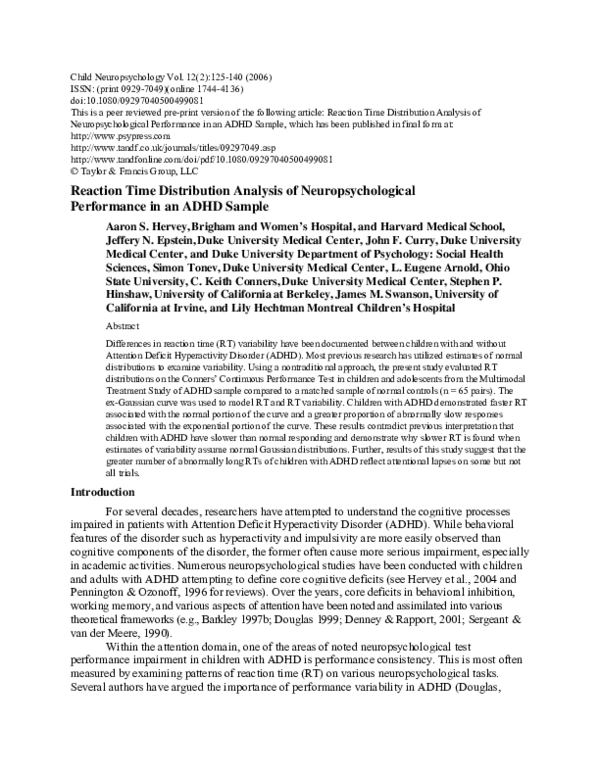 (PDF) Reaction Time Distribution Analysis of Neuropsychological ...