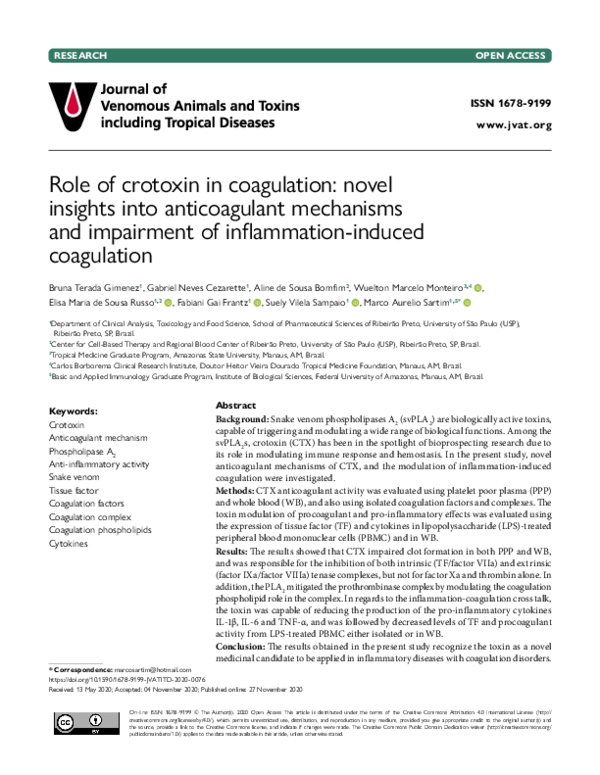 (PDF) Role of crotoxin in coagulation: novel insights into ...