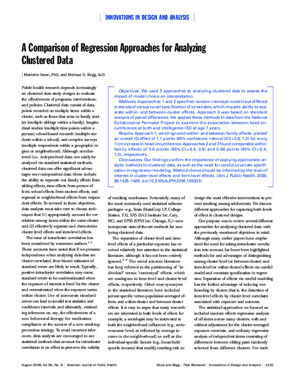 (PDF) A Comparison of Regression Approaches for Analyzing Clustered Data