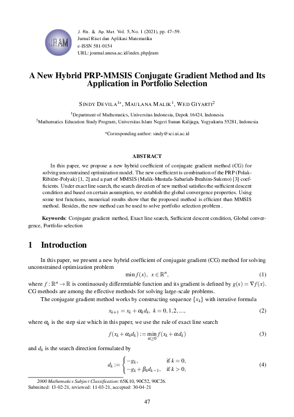 (PDF) A New Hybrid PRP-Mmsis Conjugate Gradient Method and Its Application in Portofolio Selection