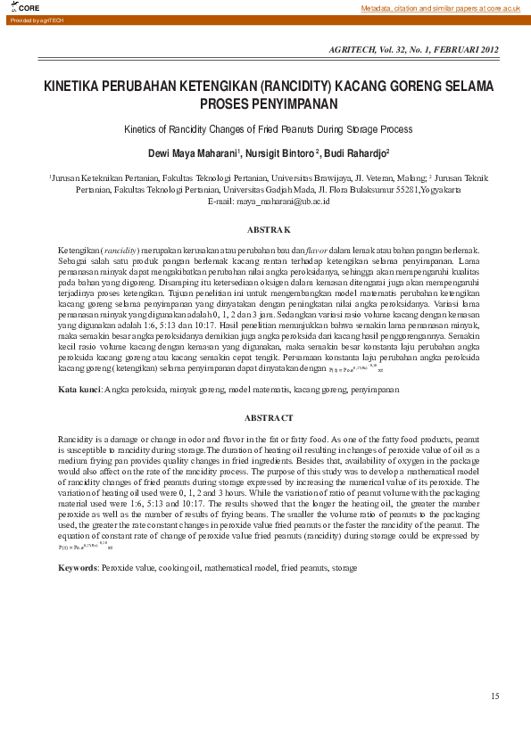 (PDF) Kinetika Perubahan Ketengikan (Rancidity) Kacang Goreng selama ...