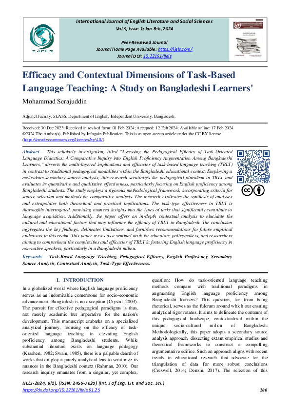 (PDF) Efficacy and Contextual Dimensions of Task-Based Language Teaching: A Study on Bangladeshi ...