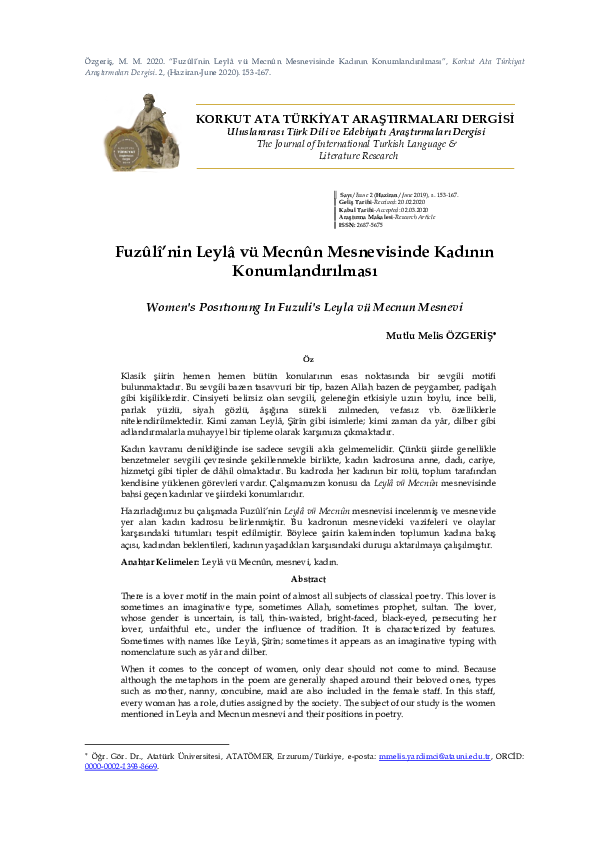 (PDF) Fuzûlî’nin Leylâ vü Mecnûn Mesnevisinde Kadının Konumlandırılması