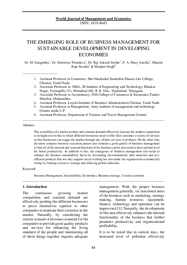 (PDF) THE EMERGING ROLE OF BUSINESS MANAGEMENT FOR SUSTAINABLE DEVELOPMENT IN DEVELOPING ECONOMIES