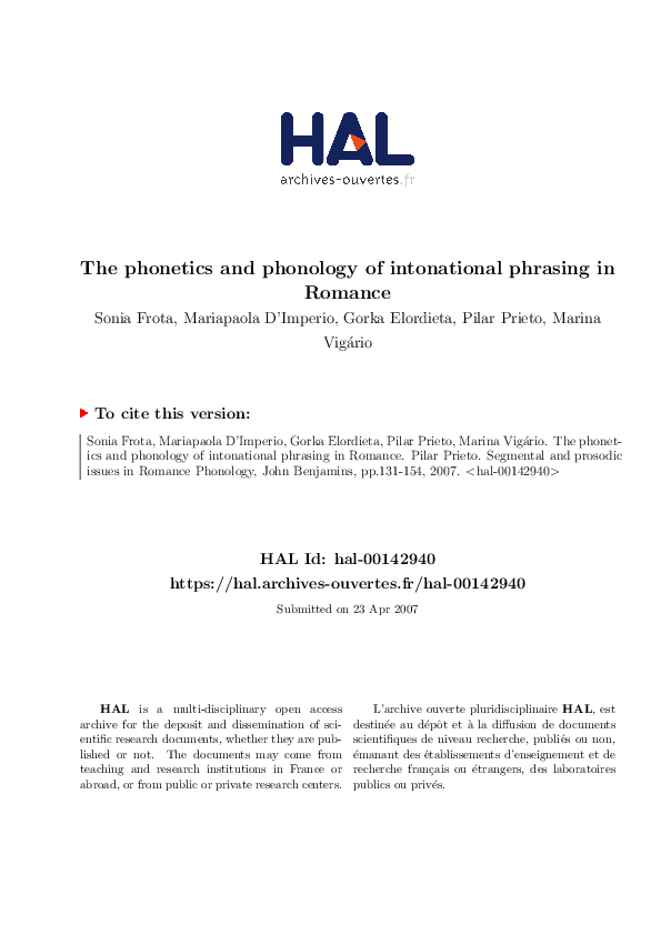 (PDF) The phonetics and phonology of intonational phrasing in Romance