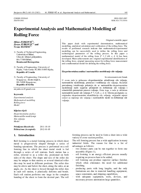 (PDF) Experimental Analysis and Mathematical Modelling of Rolling Force