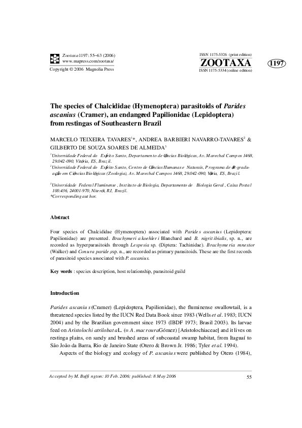 (PDF) The species of Chalcididae (Hymenoptera) parasitoids of Parides ...