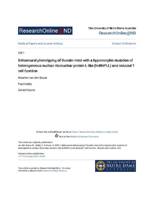 (PDF) Behavioural phenotyping of thunder mice with a hypomorphic ...