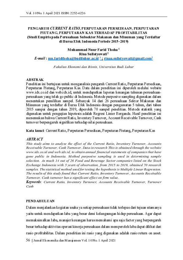 (PDF) PENGARUH CURRENT RATIO, PERPUTARAN PERSEDIAAN, PERPUTARAN PIUTANG ...