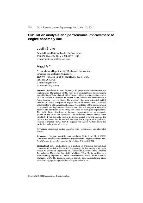 Pdf Simulation Analysis And Performance Improvement Of Engine Assembly Line Ahad Ali