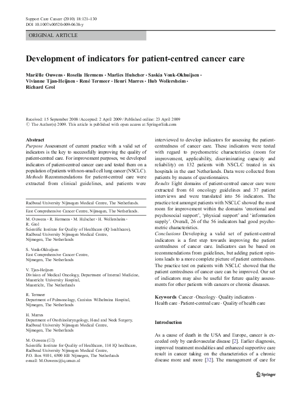 (PDF) Development of indicators for patient-centred cancer care