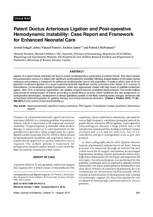 (PDF) Patent ductus arteriosus ligation and post-operative hemodynamic ...