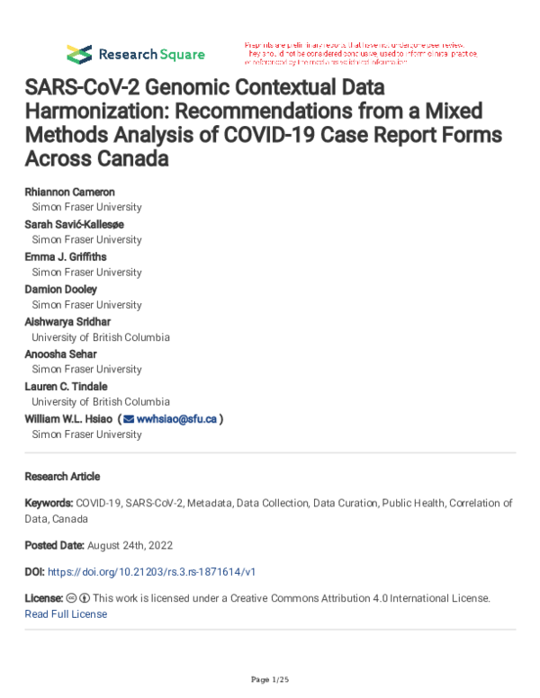 (PDF) SARS-CoV-2 Genomic Contextual Data Harmonization: Recommendations ...