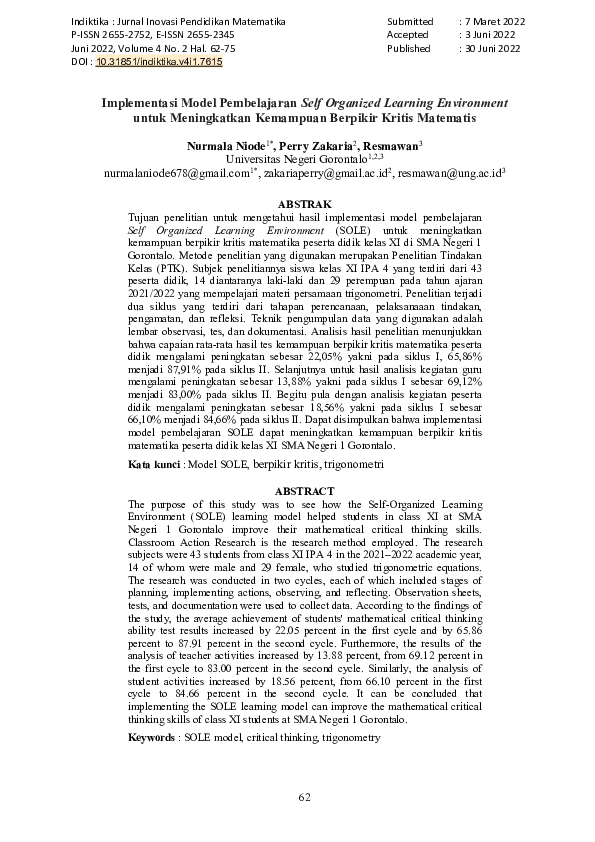 (PDF) Implementasi Model Pembelajaran Self Organized Learning Environment untuk Meningkatkan ...